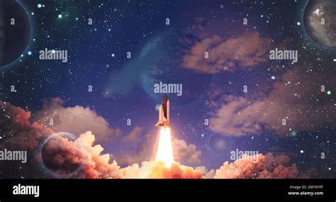 Shuttle Launch In The Clouds To Outer Space Dark Space With Stars On