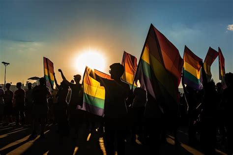 Premium Photo A Vibrant Procession Of People Waving Rainbow Flags In