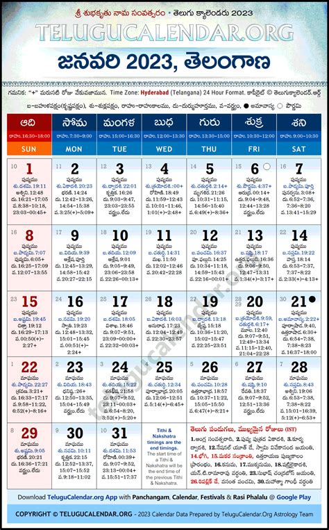 Telangana Telugu Calendar 2023 January PDF Festivals