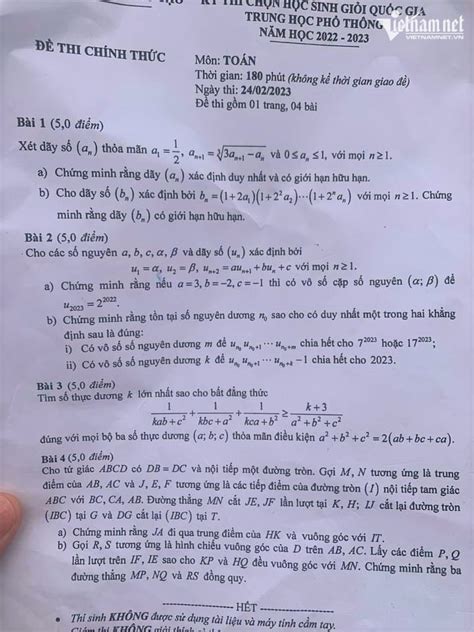 Đề Thi Chọn Học Sinh Giỏi Quốc Gia Môn Toán Năm 2023 Voz