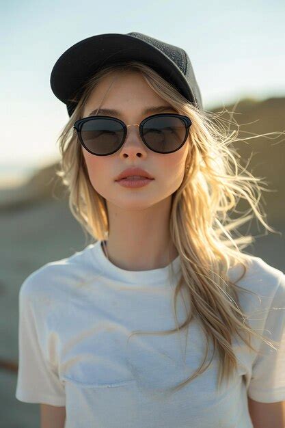 Portrait Of A Blonde Woman Wearing Black Sunglasses And A Baseball Cap