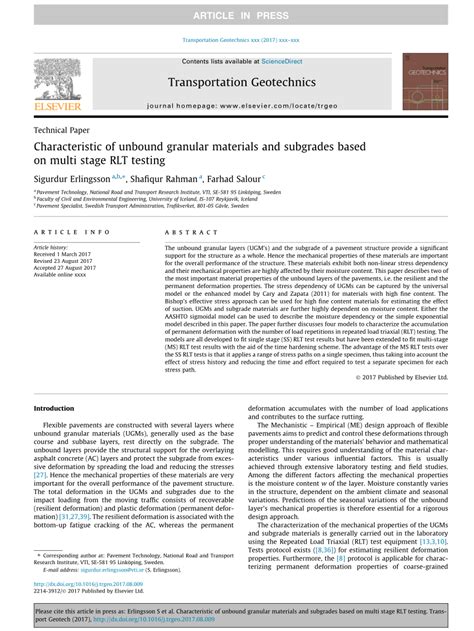Pdf Characteristic Of Unbound Granular Materials And Subgrades Based On Multi Stage Rlt Testing