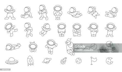 우주복을 입은 귀여운 우주비행사 색칠 공부 페이지 만화 우주 비행사 캐릭터입니다 과학 기술 벡터 그리기 디자인 요소 모음입니다 컬러링 북 페이지 일러스트레이션 기법에 대한
