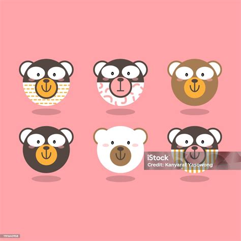 행복 한 귀여운 곰 얼굴 벡터 일러스트 배경입니다 테디 폴라 그리즐리 팬더 화이트 갈색 곰 핑크 색상 배경에 낙서 만화 세트