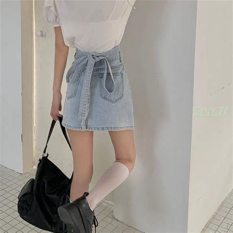 Seeu 女生裙子 半身裙 辣妹綁帶a字牛仔半身短裙女2023年夏季新款小個子設計感包臀裙子 蝦皮購物