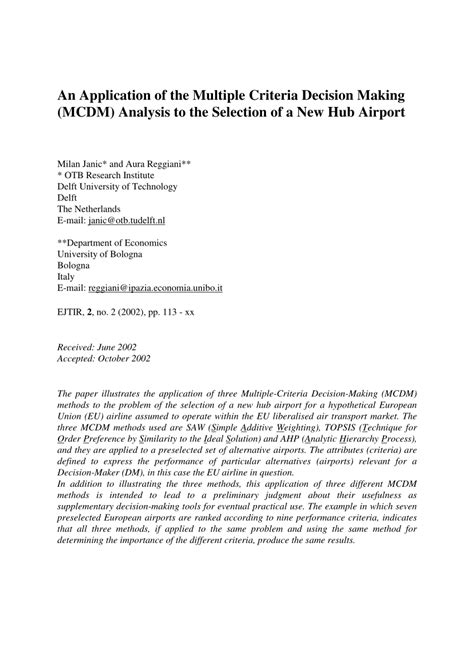 Pdf An Application Of The Multiple Criteria Decision Making Mcdm Analysis To The Selection
