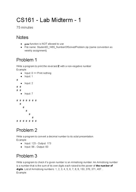 CS Lab Midterm CS Lab Midterm Minutes Notes Pow Function Is NOT Allowed To