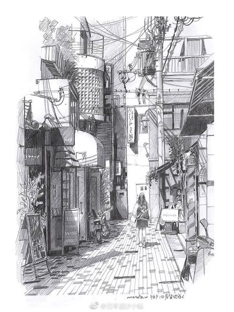 日本画家MASATO WATANABE的铅笔街景速写