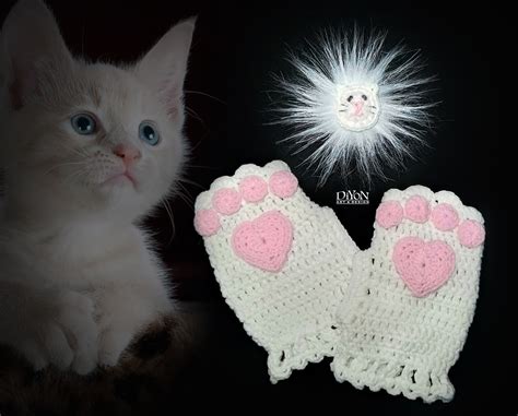 Плетени детски ръкавици котешки лапички без пръсти бели и шнола котка Handmasters Bg