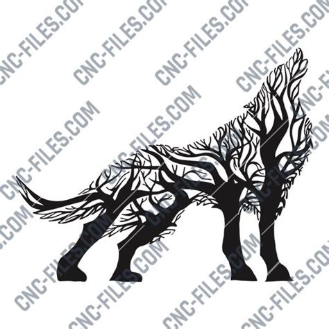 Wolf With Tree Vector Design File Dxf Svg Eps Ai Cdr Cnc Files