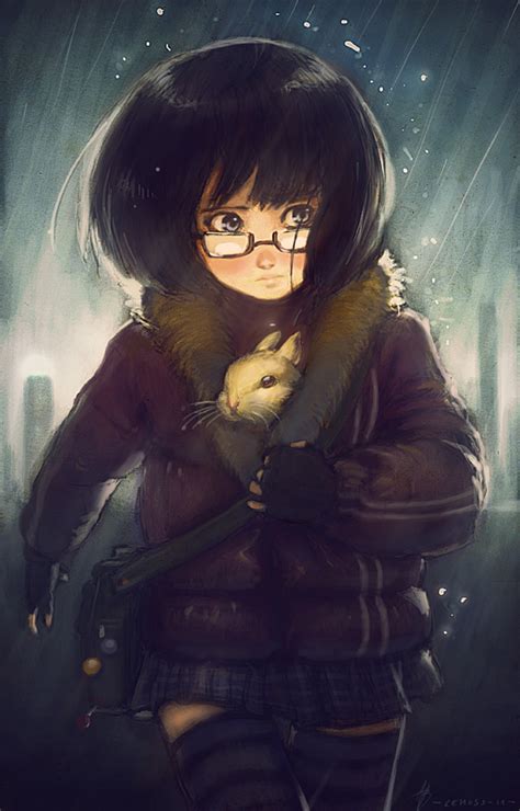 Safebooru Black Hair Bunny Carrying Fingerless Gloves Fur Trim