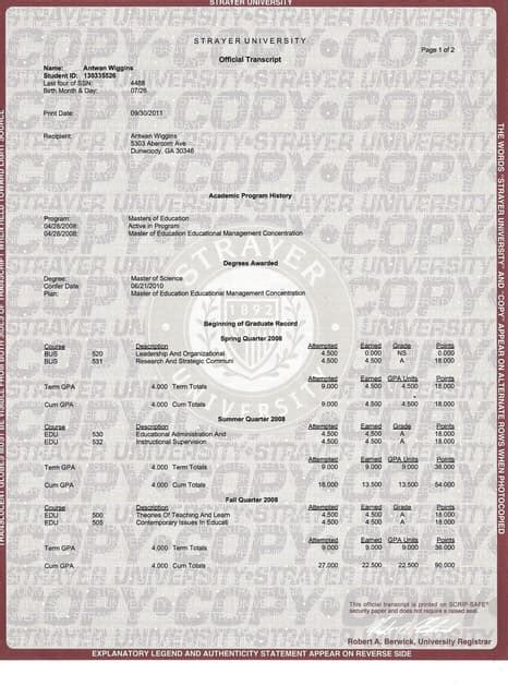 strayer university grad school transcript pdf