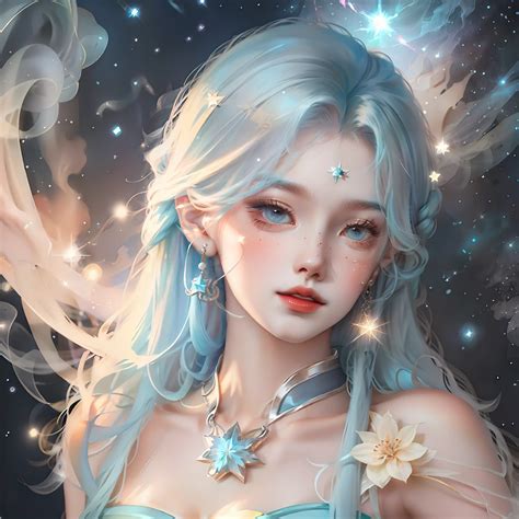 파란 머리에 파란 드레스를 입은 여자가 꽃을 들고 있다 Seaart Ai
