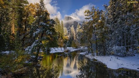 Tapety zdjęcia Rzeka Drzewa Park Narodowy Yosemite Góry Kalifornia Merced River Stany