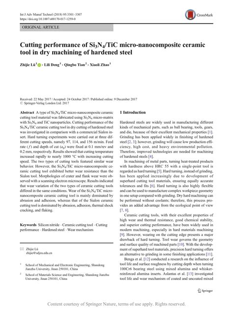 cutting performance of si3n4 tic micro nanocomposite ceramic tool in
