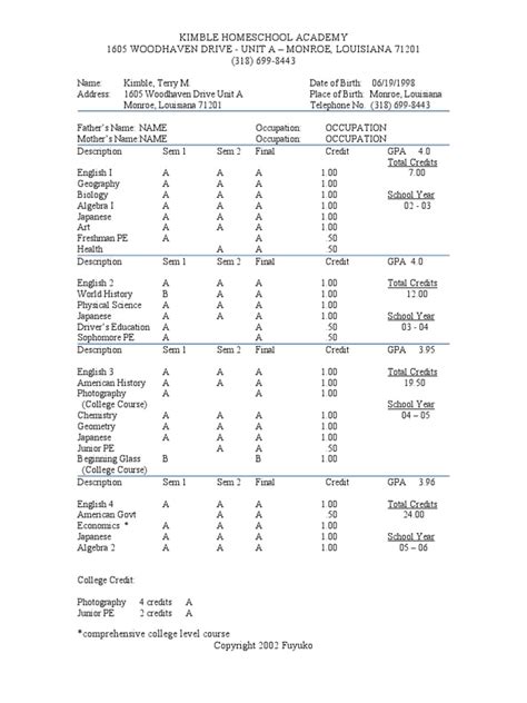 Sample Hs Transcript Pdf