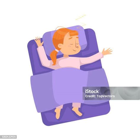 귀여운 어린 소녀 담요 아래 그녀의 침대에서 달콤한 자고 위에서 보기 취침 사랑스러운 아이 개념 만화 스타일 벡터 일러스트의