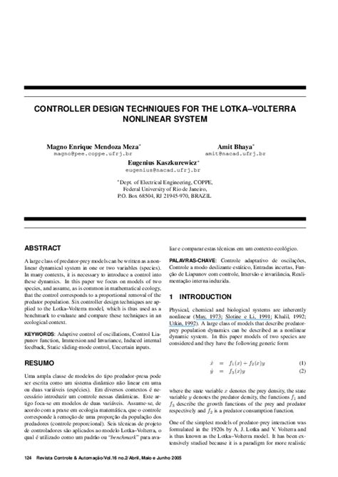 Pdf Controller Design Techniques For The Lotka Volterra Nonlinear System