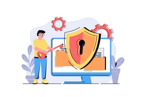Cyber Security Web Concept With Cartoon People Design Man Using Online Protection System For