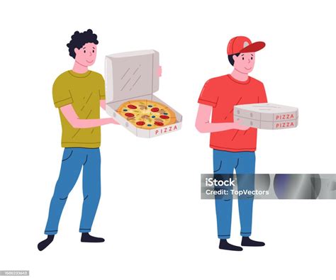 빨간 모자를 쓴 피자 배달 서비스 남자 골판지 상자 벡터 세트 개체 그룹에 대한 스톡 벡터 아트 및 기타 이미지 개체 그룹 군사적 침략 나름 Istock