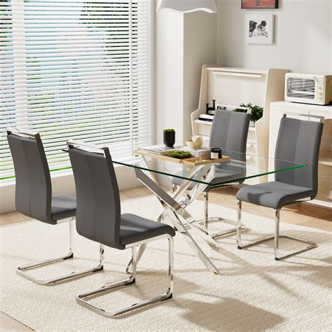 Mercer41 5 Pcs63 Rectangular Tempered Glass Table With 4 Pu Leathe