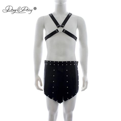 Davydaisy Men Sexy Set Pu Leather Harness Belt Open Bust Crop Top