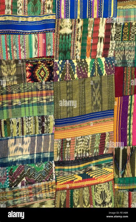 Patchwork Of Colorful Handwoven Textiles With Intricate Geometric Designs Oaxaca Mexico Stock