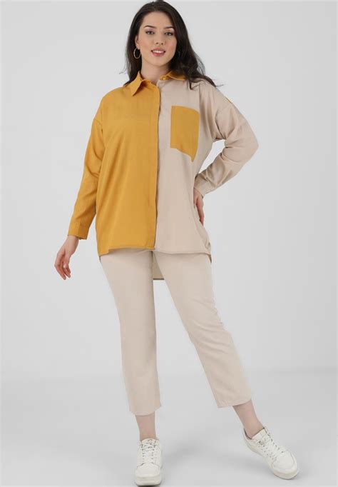 Modanisa Point Collar Plus Size Alia Button Down Blouse Yellow