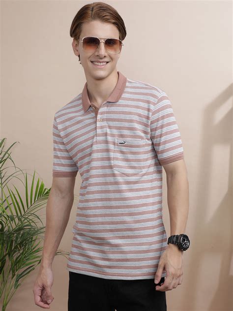 Buy Striped Brown Half Sleeve Casual Polo T Shirt With Pocket Crocodile
