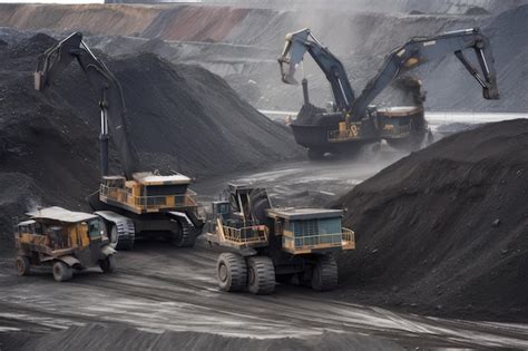 premium photo mining site with miners and machinery extracting coal