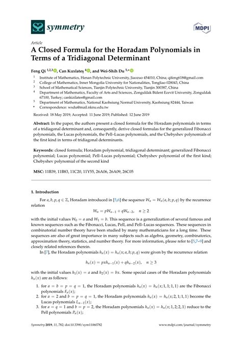Pdf A Closed Formula For The Horadam Polynomials In Terms Of A Tridiagonal Determinant