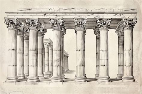 A Drawing Of An Old Building With Columns And Letters On It Premium