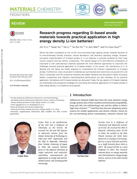 Pdf Research Progress Of Si Based Anode Materials Towards Practical