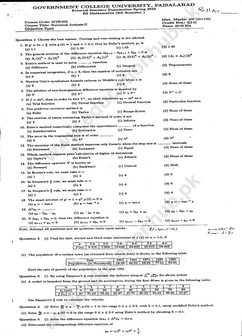 Mth Numerical Analysis Ii Bs Math Gcuf Past Paper Spring