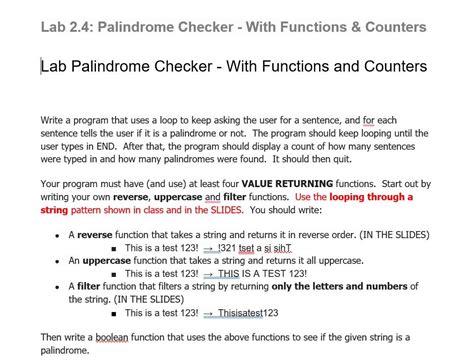 Solved Lab Palindrome Checker With Functions Chegg