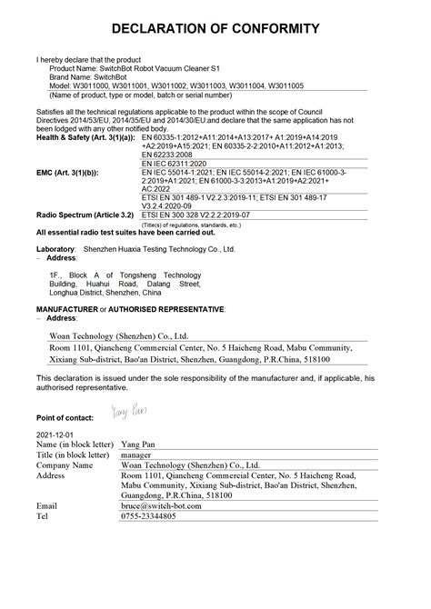 Declaration Of Conformity Robot Vacuum Cleaner S1 Switchbot Help Center