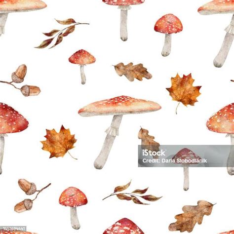 수채화 파리 Agaric과 가을은 매끄러운 패턴을 남깁니다 직물에 대한 손으로 그린 가을 그림 흰색 배경에 포장지 버섯에 대한 스톡 벡터 아트 및 기타 이미지 Istock