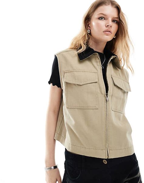 Asos Design Weste In Verwaschenem Stein Mit Cordkragen Asos