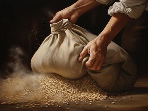 Premium Ai Image A Man In A Barn Pouring Grain Out Of A Sack Generated Ia