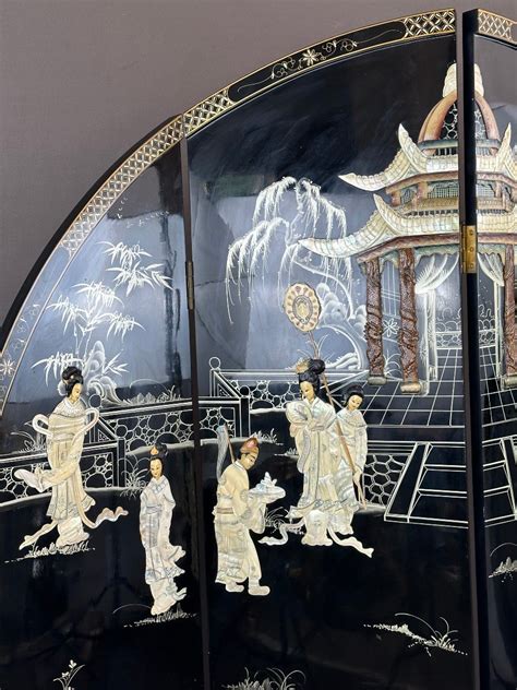 Proantic Paravent Chinois En Laque Noire Et Incrustations De Nacre XX