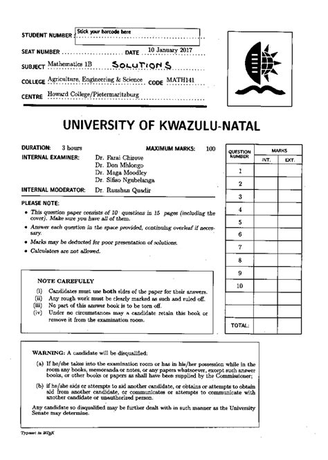 UKZN Math141 Supp Exam Solutions January 2017 MATH130 Studocu