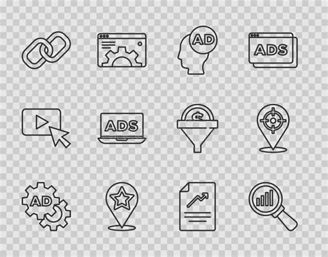 Set Line Advertising Magnifying Glass And Analysis Map Pointer With