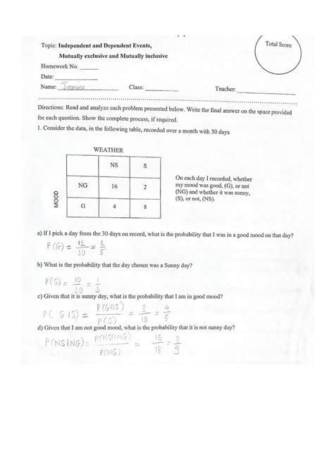 Solution Worksheet Independent And Dependent Events Mutually Exclusive