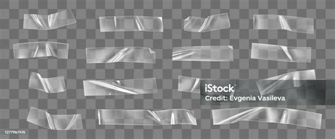투명 한 배경에 격리 된 투명 한 접착제 플라스틱 테이프 설정 사진 및 종이 기구를위한 구겨진 접착제 플라스틱 스티커 테이프 사실적인 주름 스트립 격리 된 3d 벡터