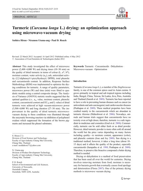 Pdf Turmeric Curcuma Longa L Drying An Optimization Approach Using Microwave Vacuum Drying
