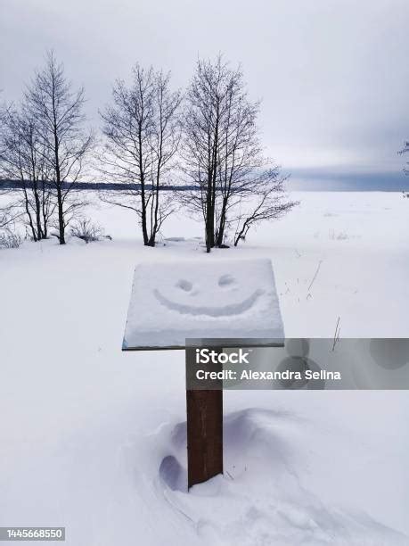 눈 덮인 인포메이션 스탠드에 그려진 웃는 얼굴 긍정적 인 분위기 개념입니다 겨울에 대한 스톡 사진 및 기타 이미지 겨울 공원 긍정적인 감정 표현 Istock