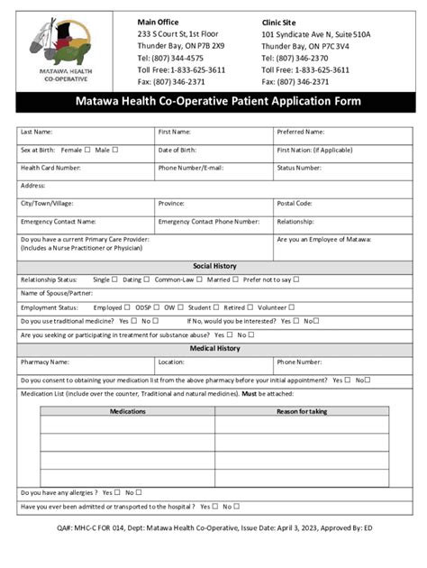 Fillable Online Matawa Health Co Operative Patient Application Form Fax Email Print Pdffiller