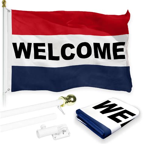 G128 Combo Pack 6 Feet Tangle Free Spinning Flagpole White Welcome