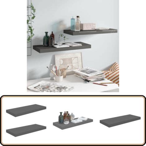 Schweberegale 2 Stk Hochglanz Grau 60x23 5x3 8 Cm MDF Schweberegale