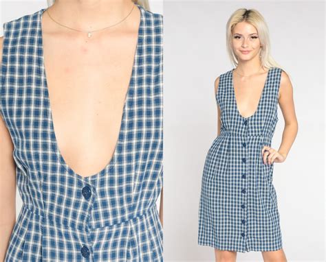 Plaid Jumper Dress 80s Blue Mini Dress Button Up Pinafore Checkered